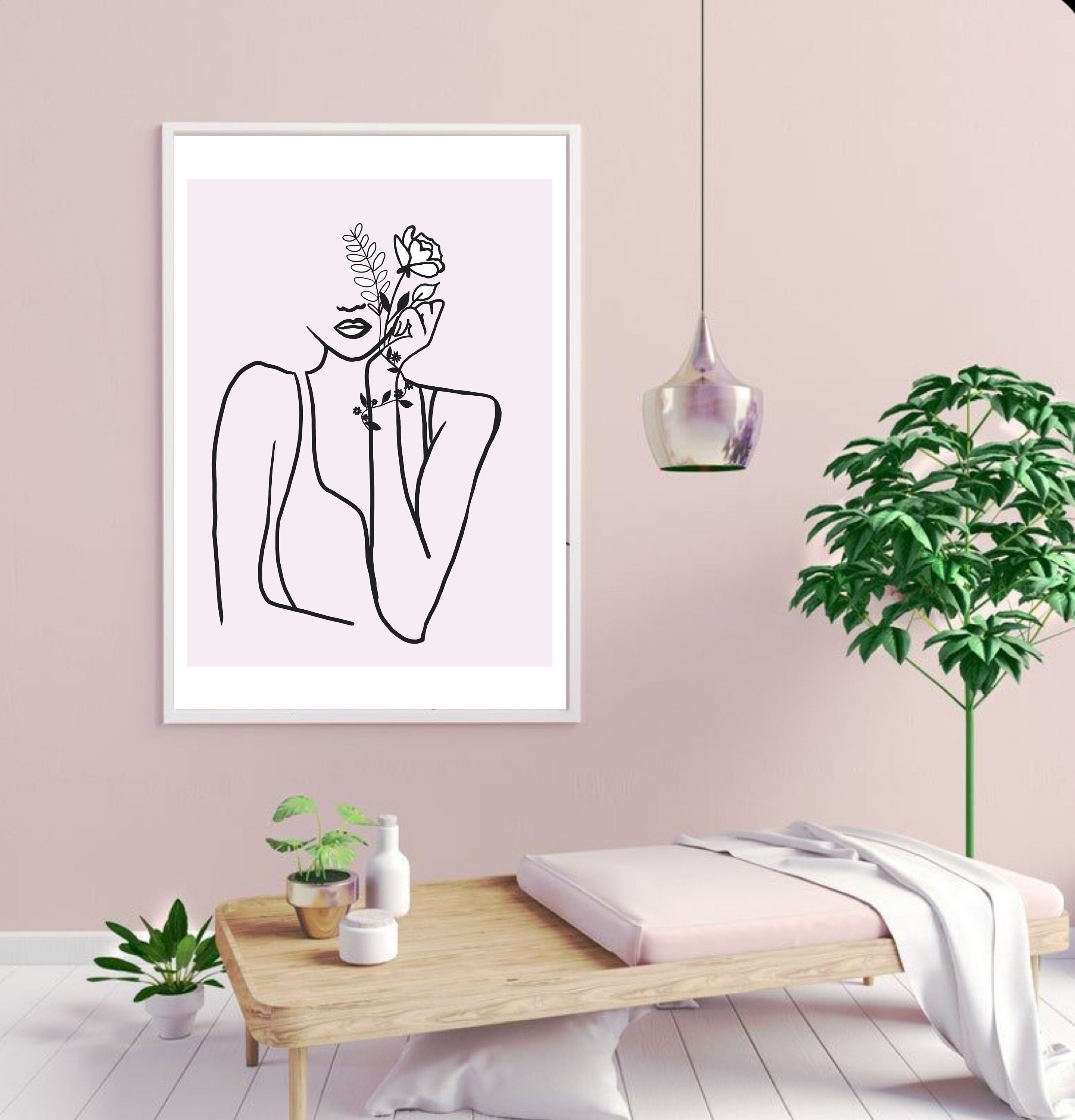 Light Pink Abstract Line Art Female With Flowers Portrait Set - Etsy