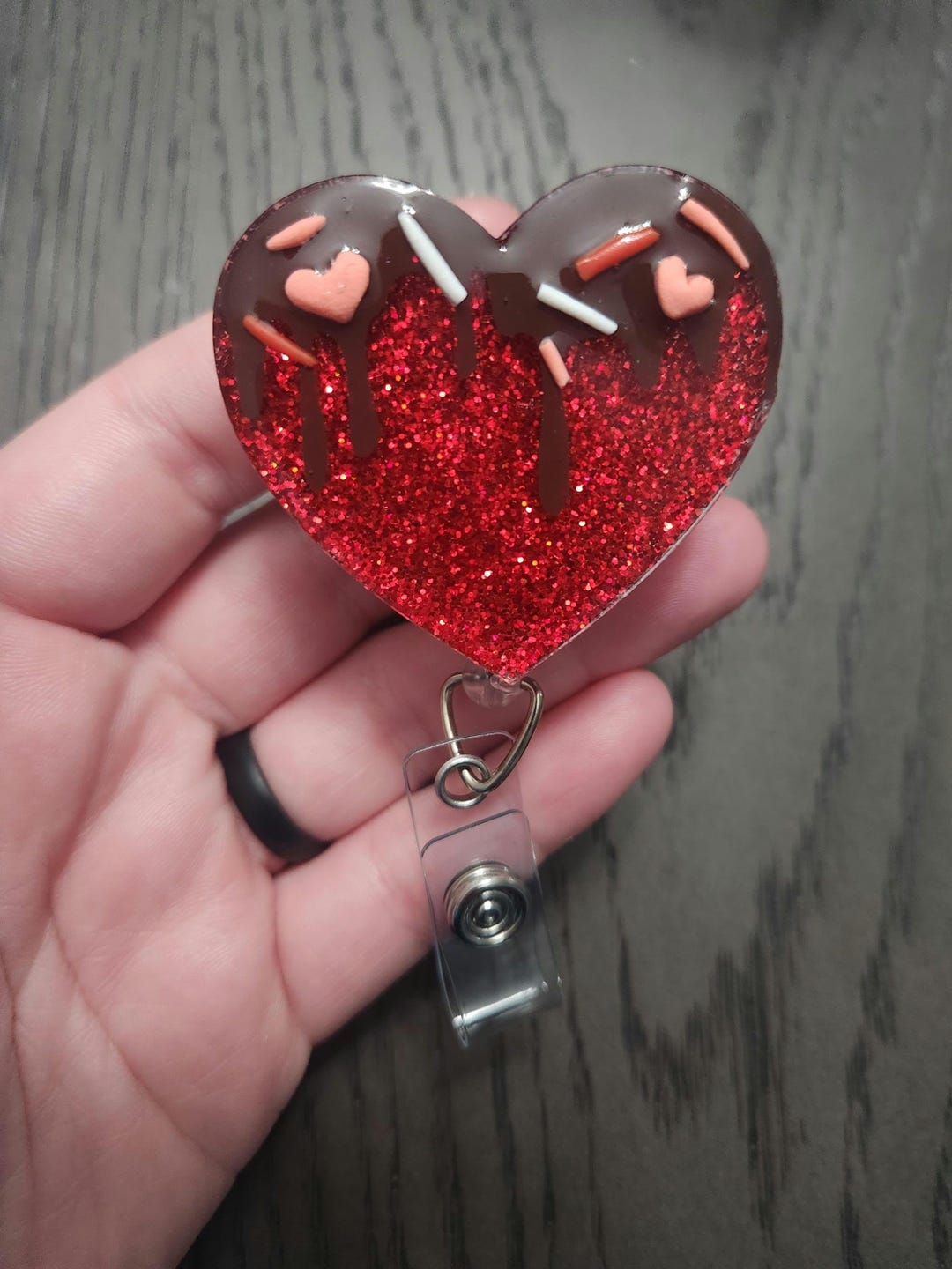 Chocolate Covered Drip Heart Badge Reel | Ready to Ship | Alligator or ...