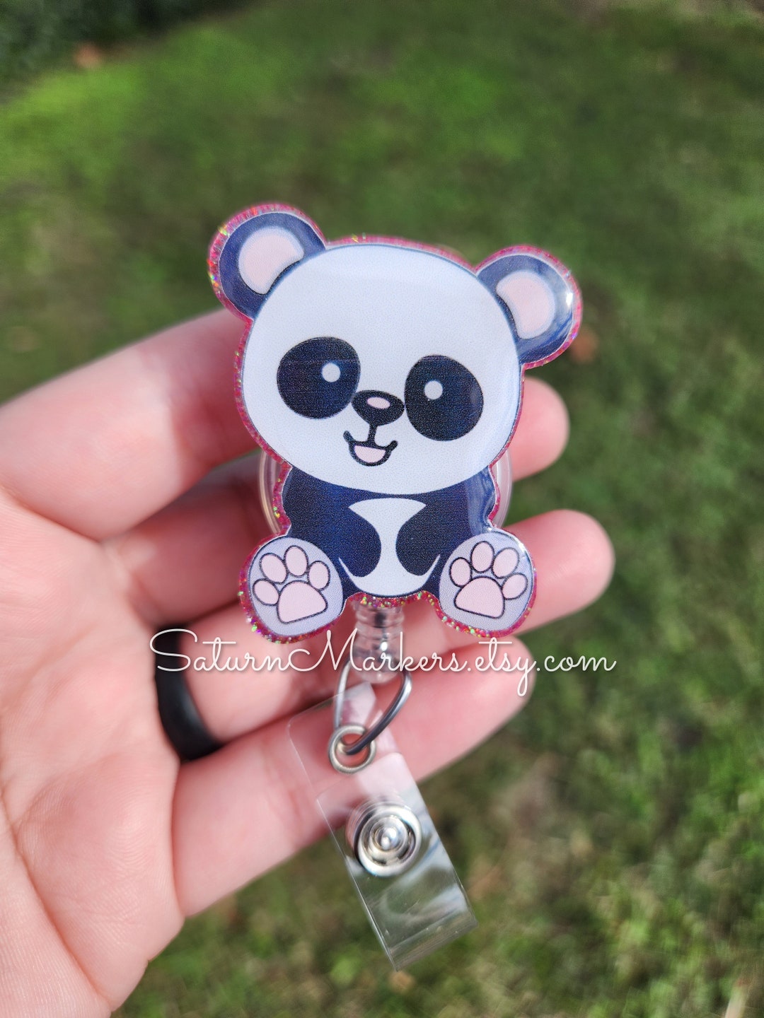 Pink Glitter Panda Badge Reel | Ready to Ship | Alligator or Belt Clip ...