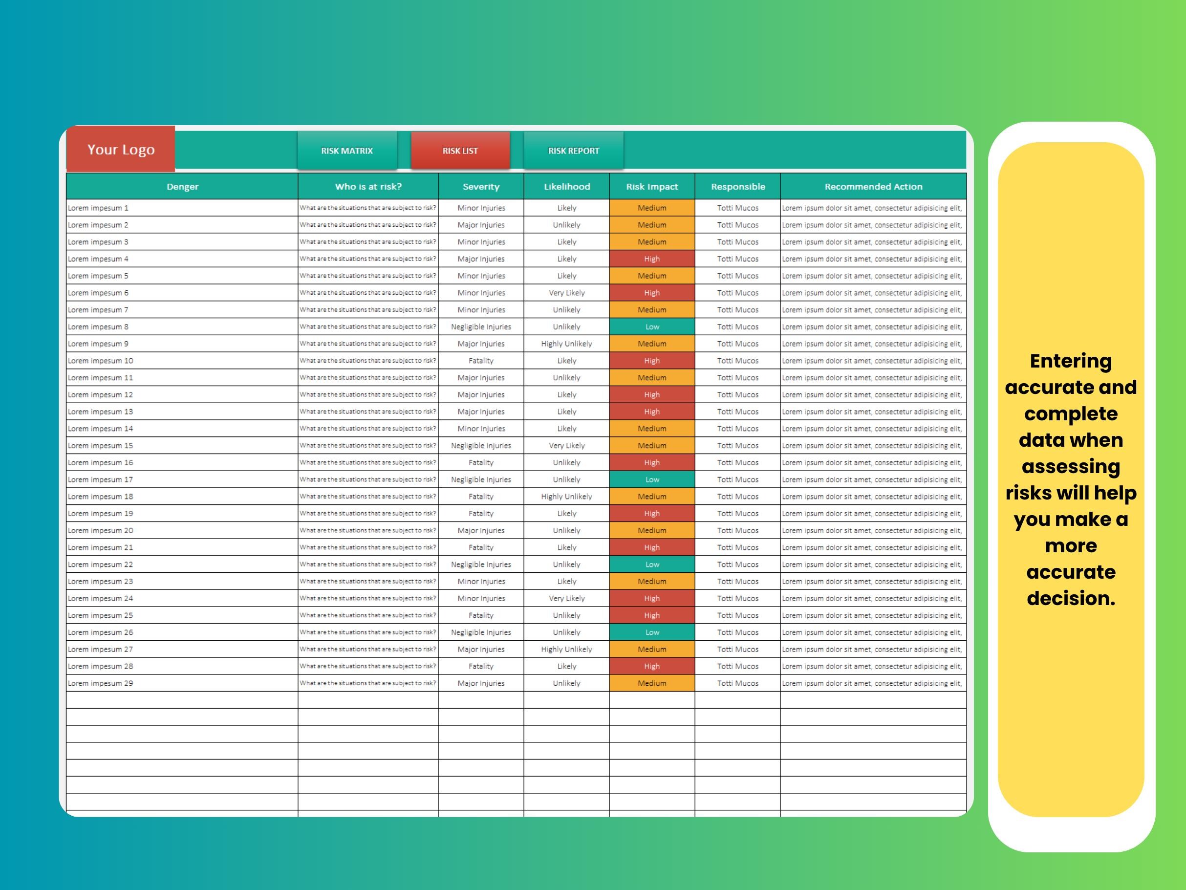 Risks Assessment Excel Template - Etsy