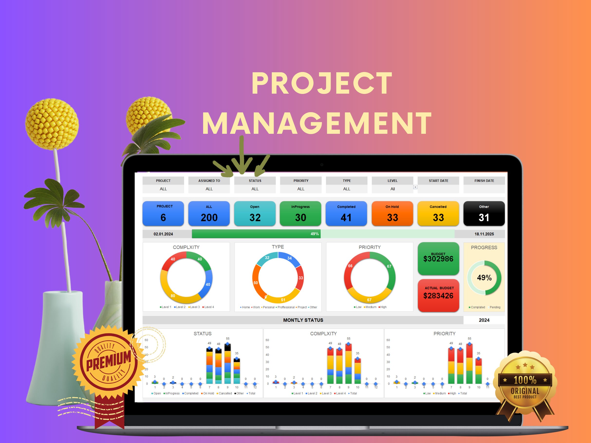 Project Management Template, Excel Project Manager, Task Planner, Task ...