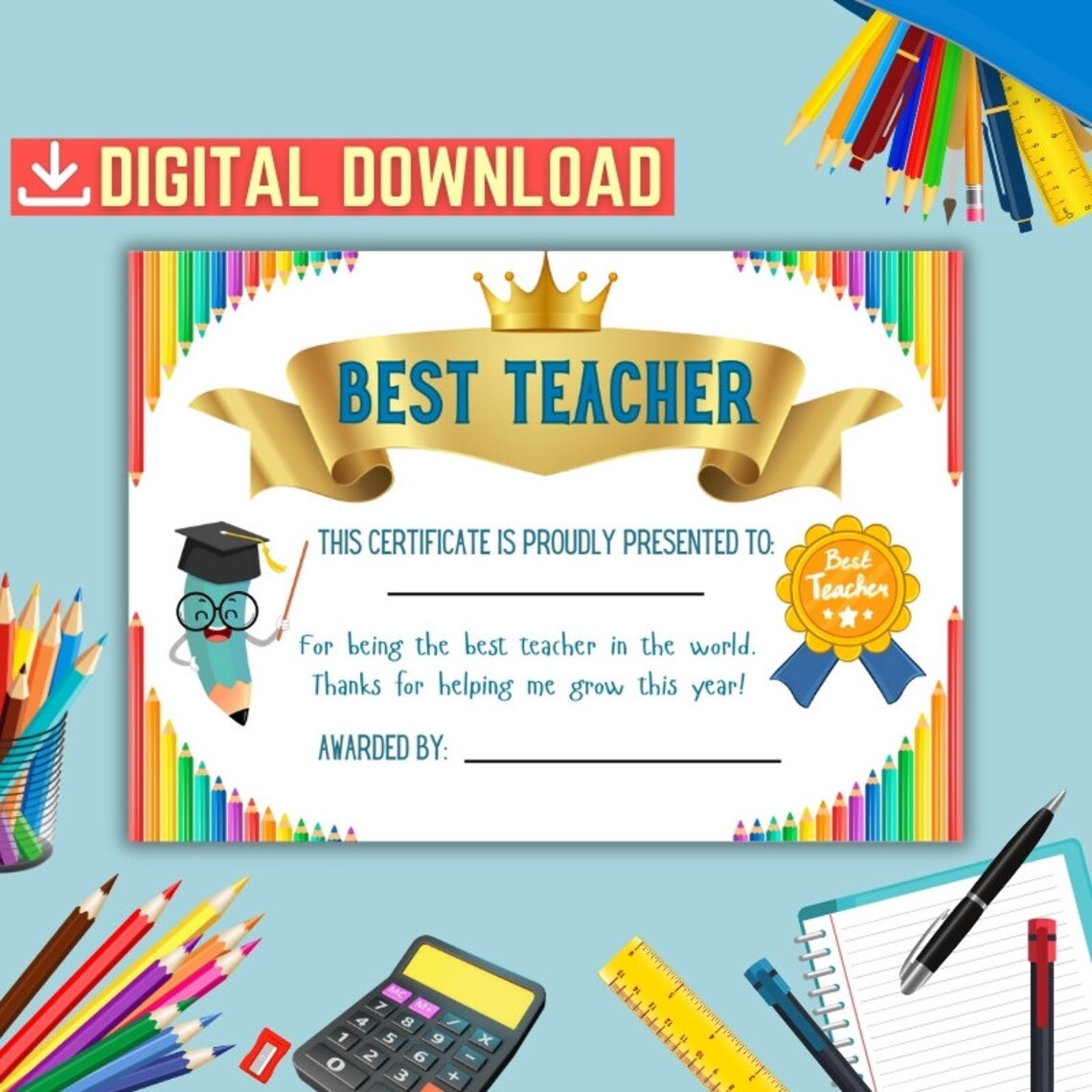 Best Teacher Award Instant Download Digital File Best Teacher ...
