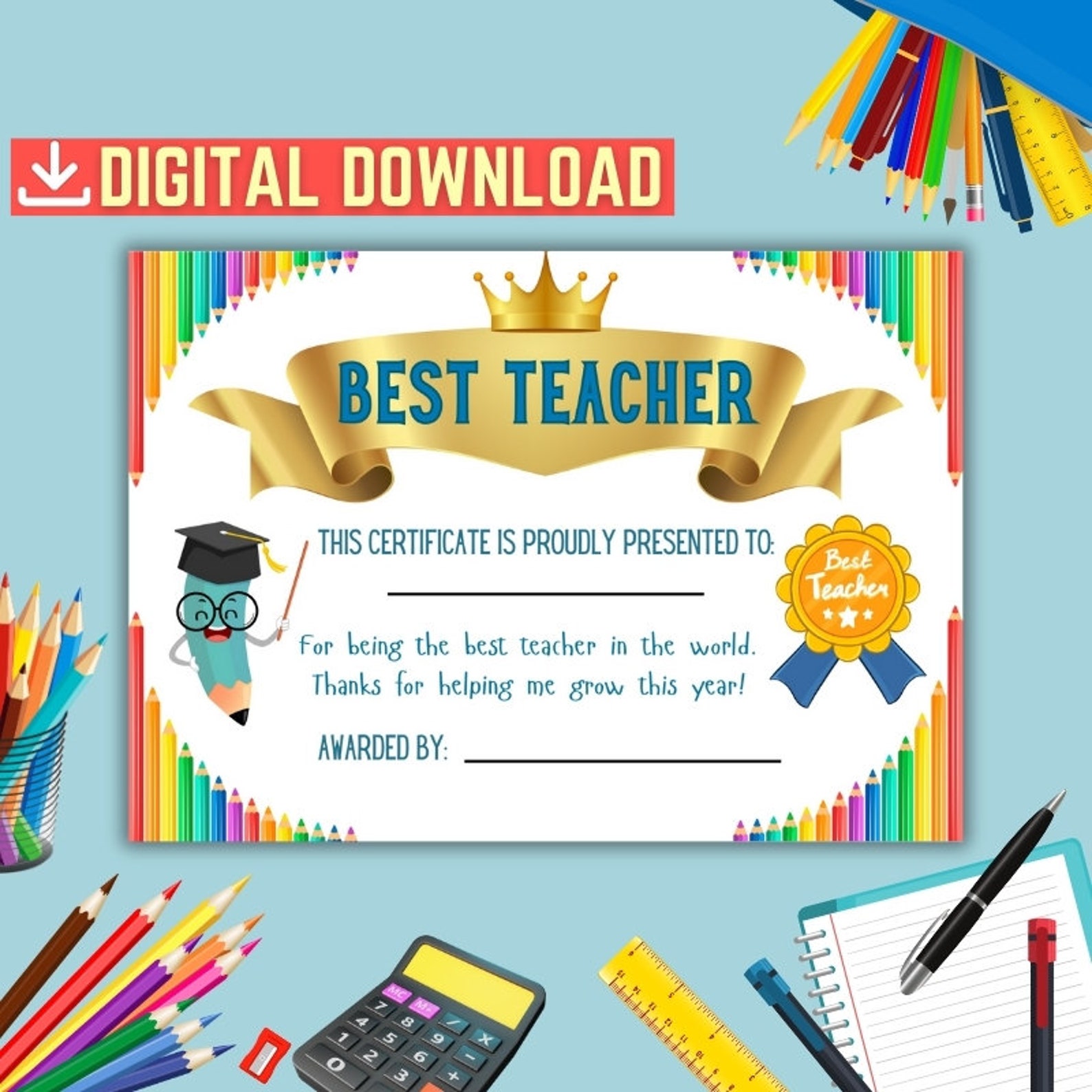 Best Teacher Award Instant Download Digital File Best Teacher ...