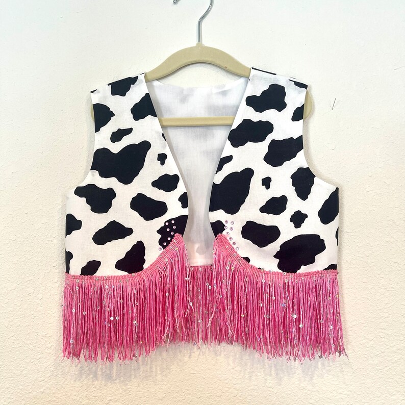 Girls Western Cowgirl Cropped Cowhide Print Vest With Sequin Fringe and ...