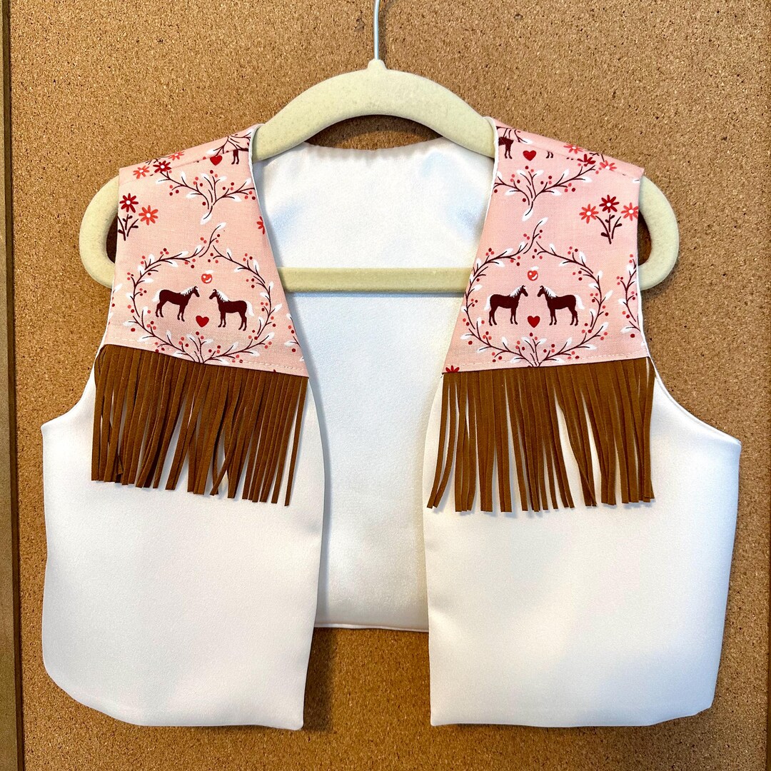 Little Girls Pink Cowgirl Vest in Ivory Satin With Pink Horse Print and ...
