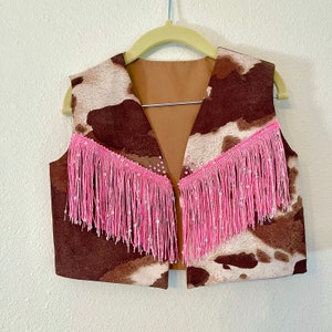 Cowgirl Cowhide Print Vest With Pink, Red or Turquoise Sequin Fringe - Etsy