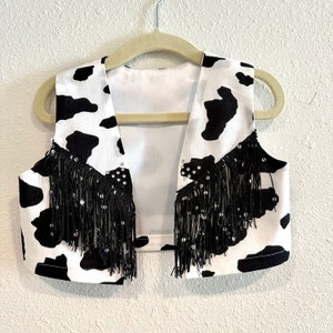 Girls Rhinestone Accent Black and White or Pink Cowhide Print Vest With ...