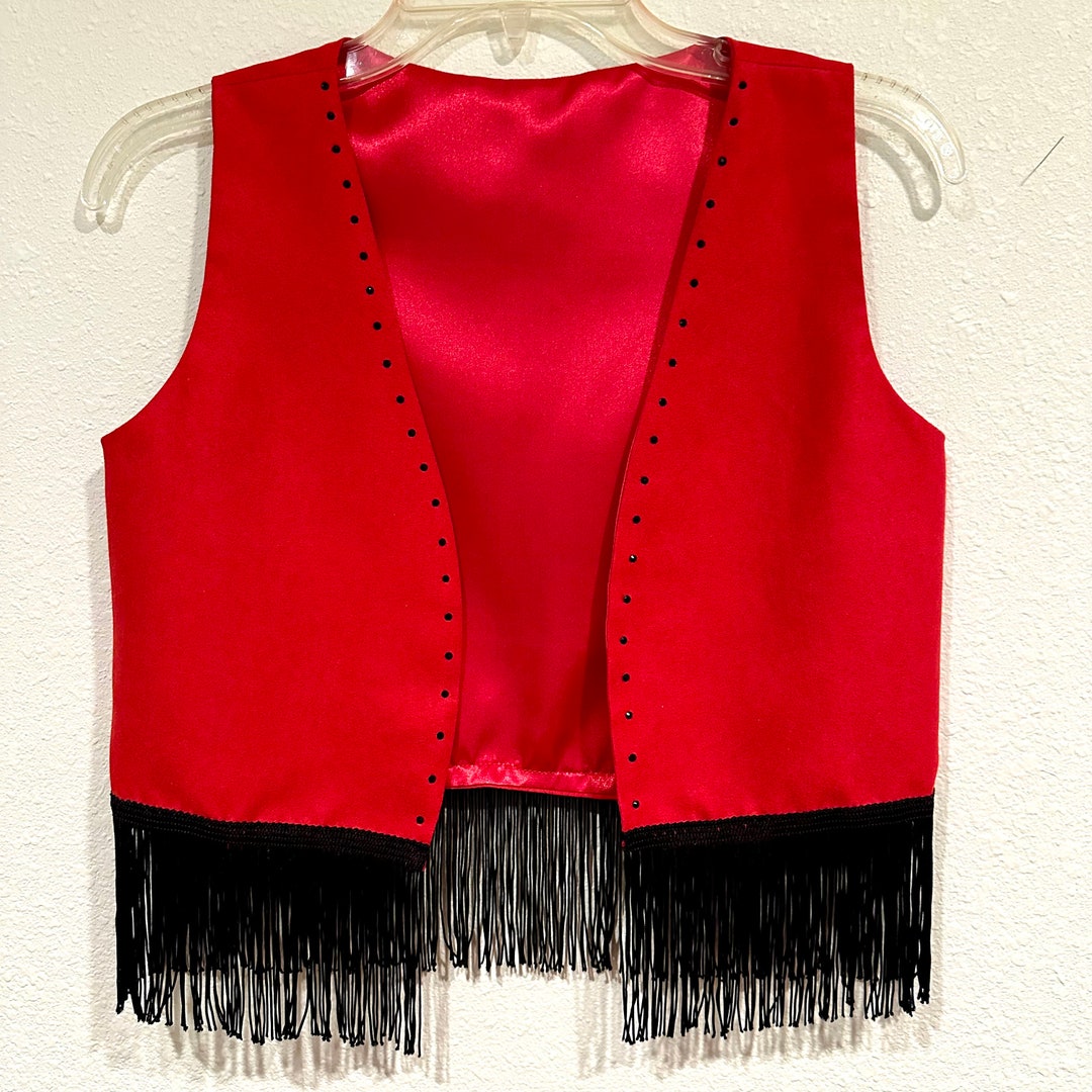 Girls Red Western Vest With Black Fringe, Black Rhinestonestone Accents ...