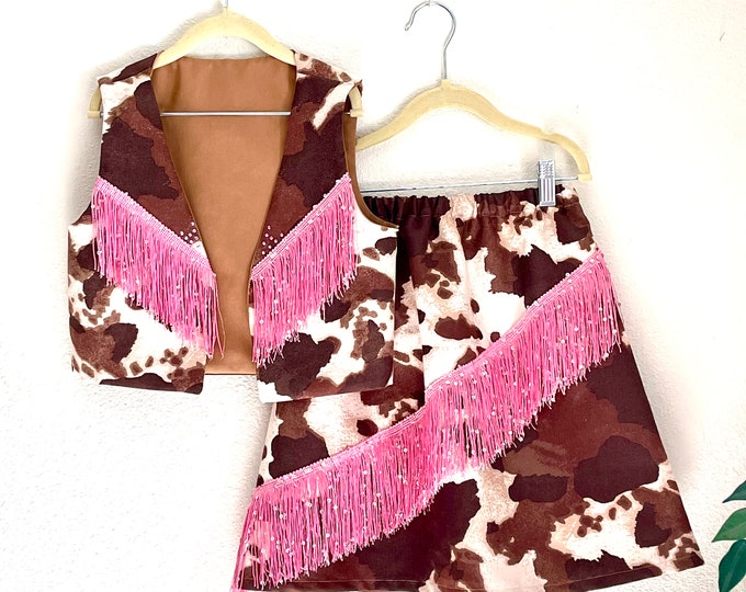 Brown Cow Print Cowgirl Outfit, Rhinestone Accents, Cow Print Vest and ...