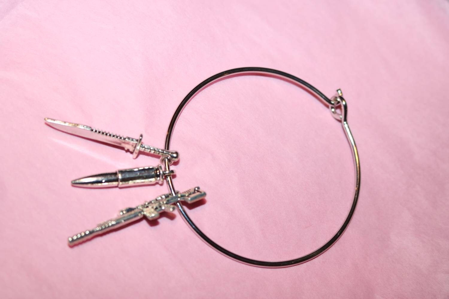 Rifle Bullet and Large Knife Charm Bangle Bracelet | Etsy