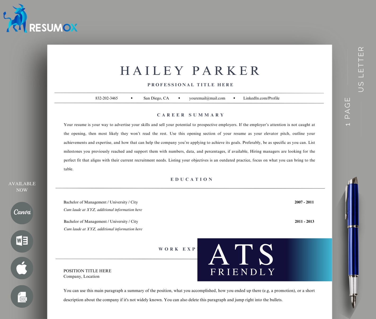 Clean Resume Template INSTANT DOWNLOAD Modern Resume Canva Resume ...
