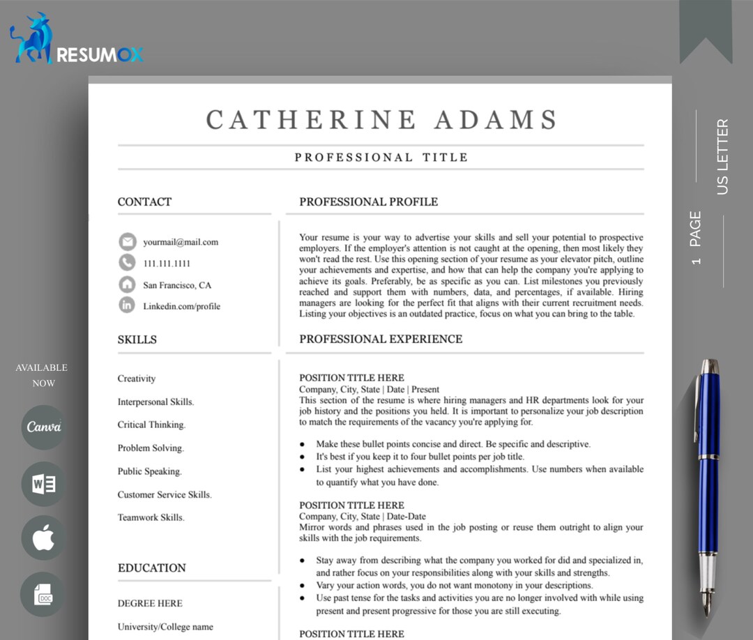 Teacher Resume Template for Google Docs, Word & Canva | Professional CV ...