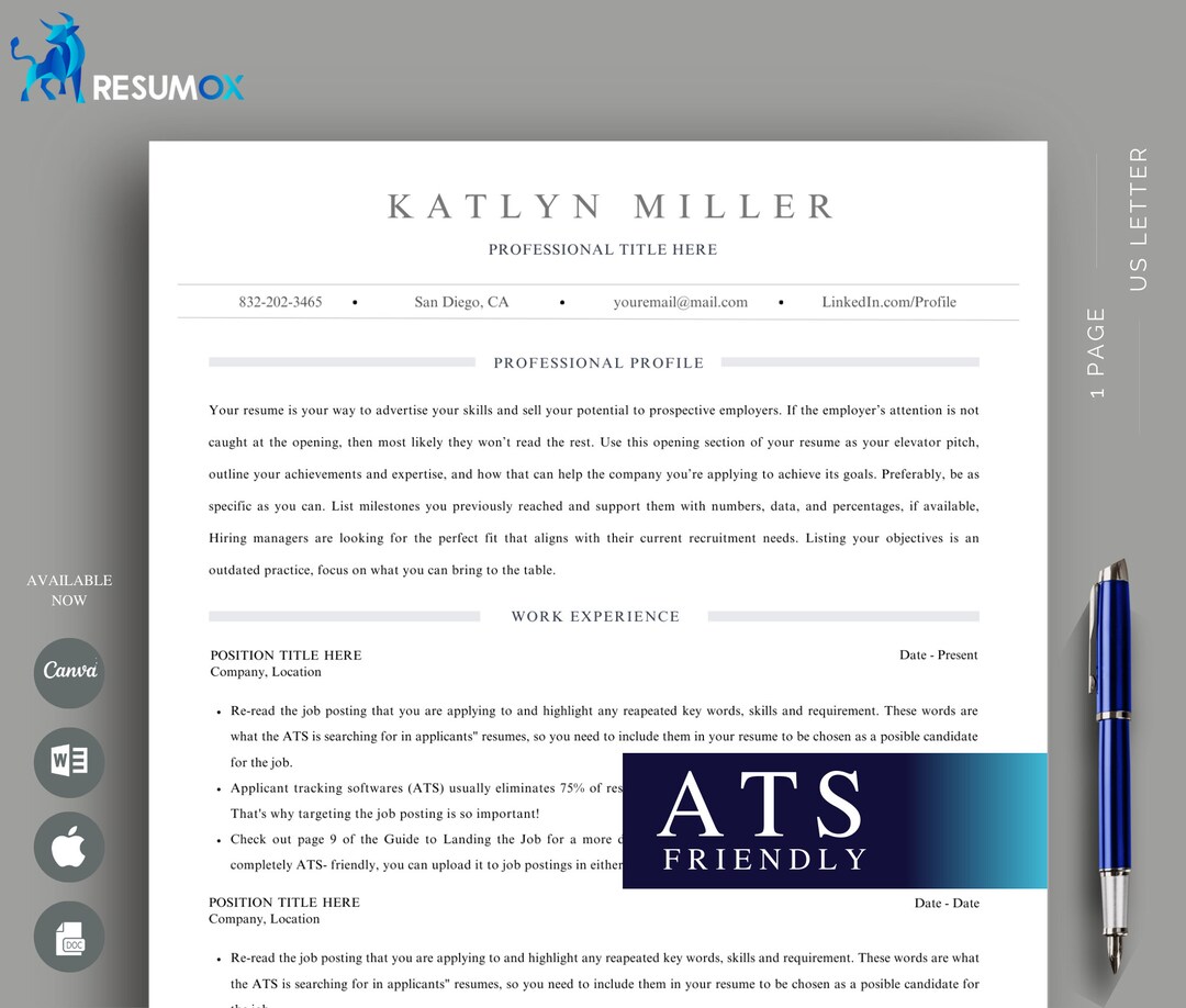 ATS Resume Template, ATS Friendly CV, Standard Resume, Canva Resume ...