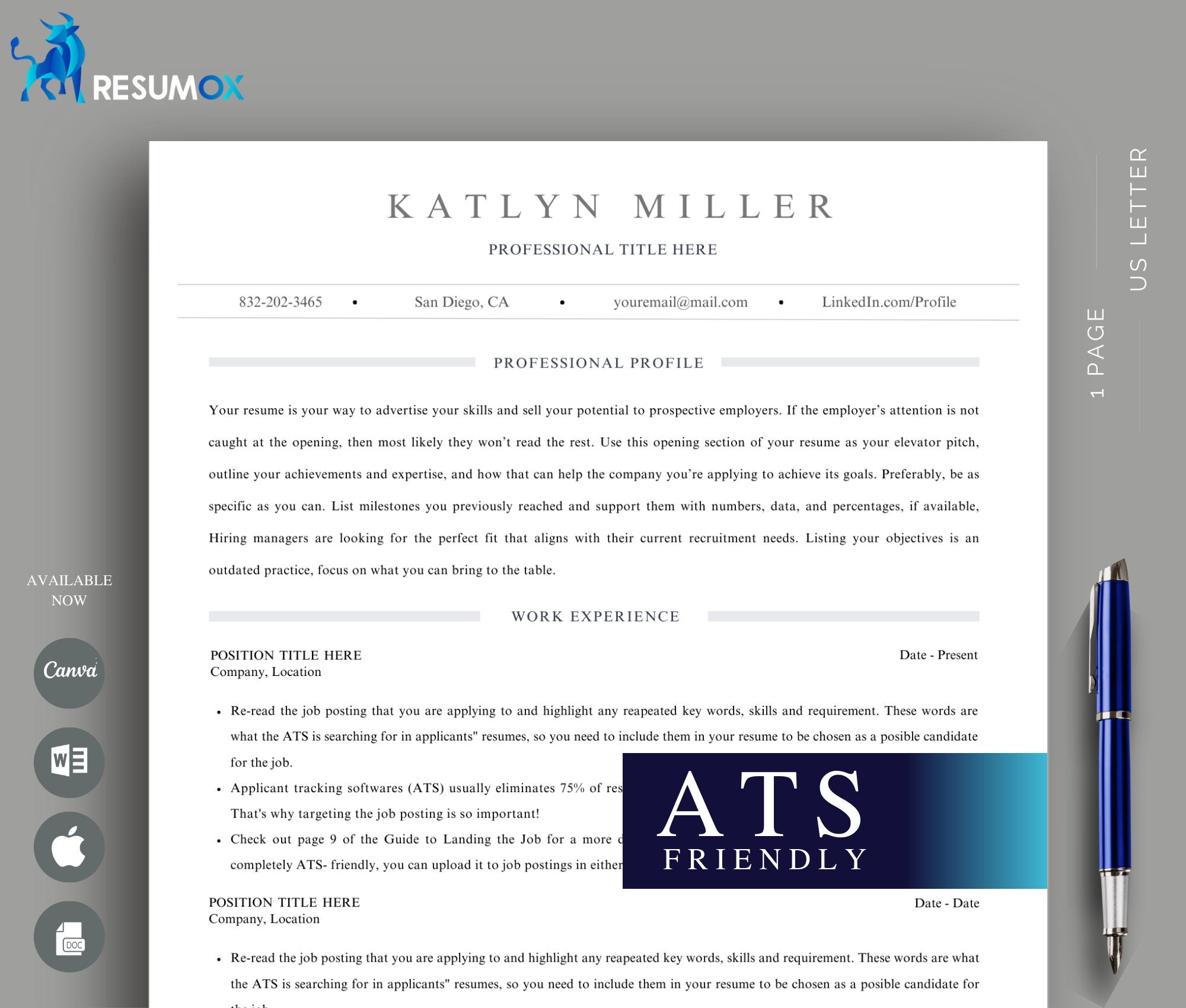 ATS Resume Template, ATS Friendly CV, Standard Resume, Canva Resume ...