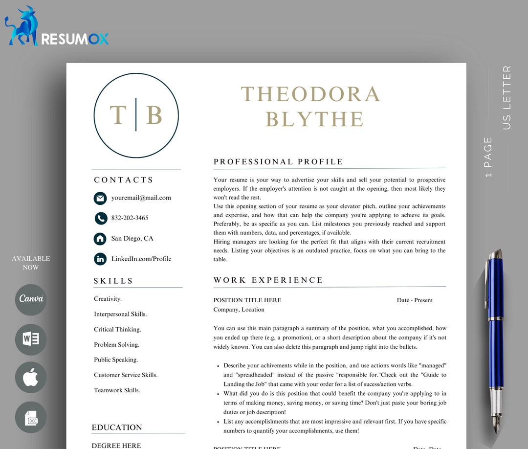 Monogram Resume, Modern Resume Template, Modern Canva Resume, Modern CV ...