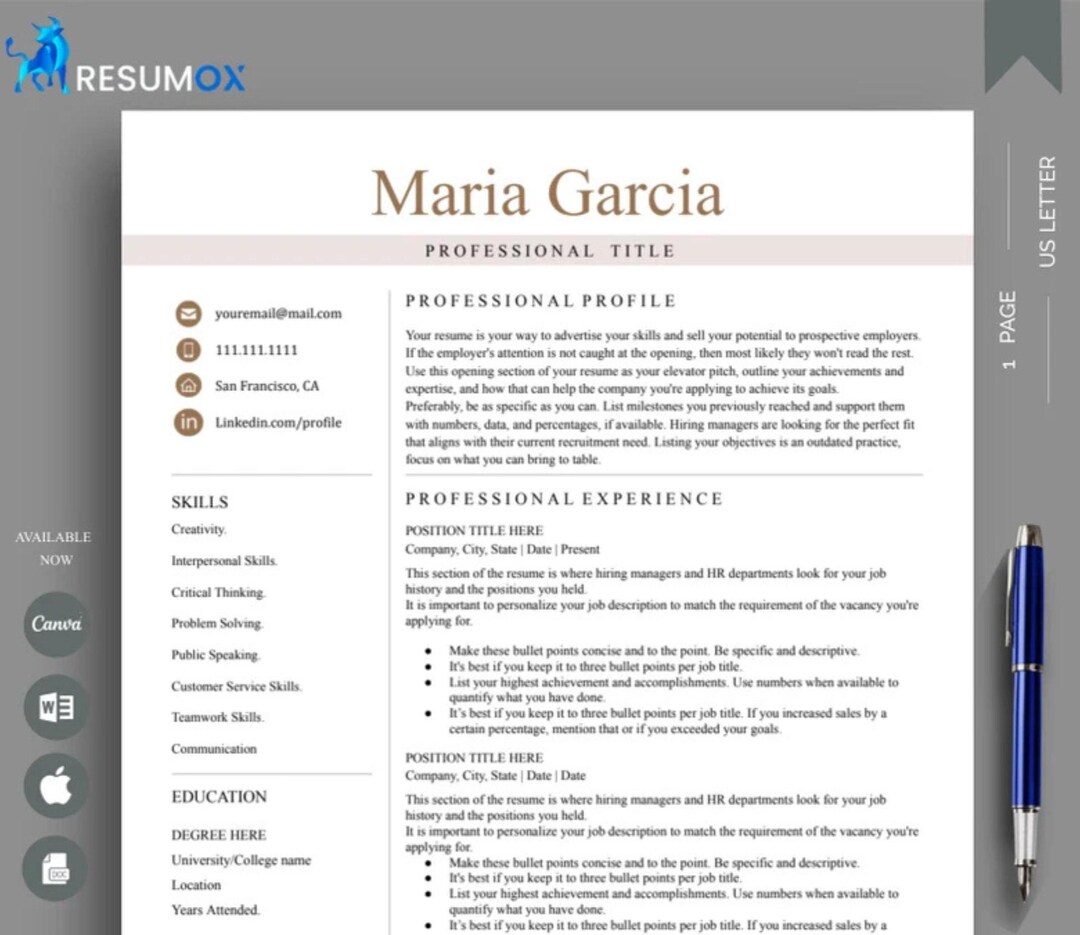 Teacher Resume Template for Word, Google Docs & Canva | Teaching CV ...