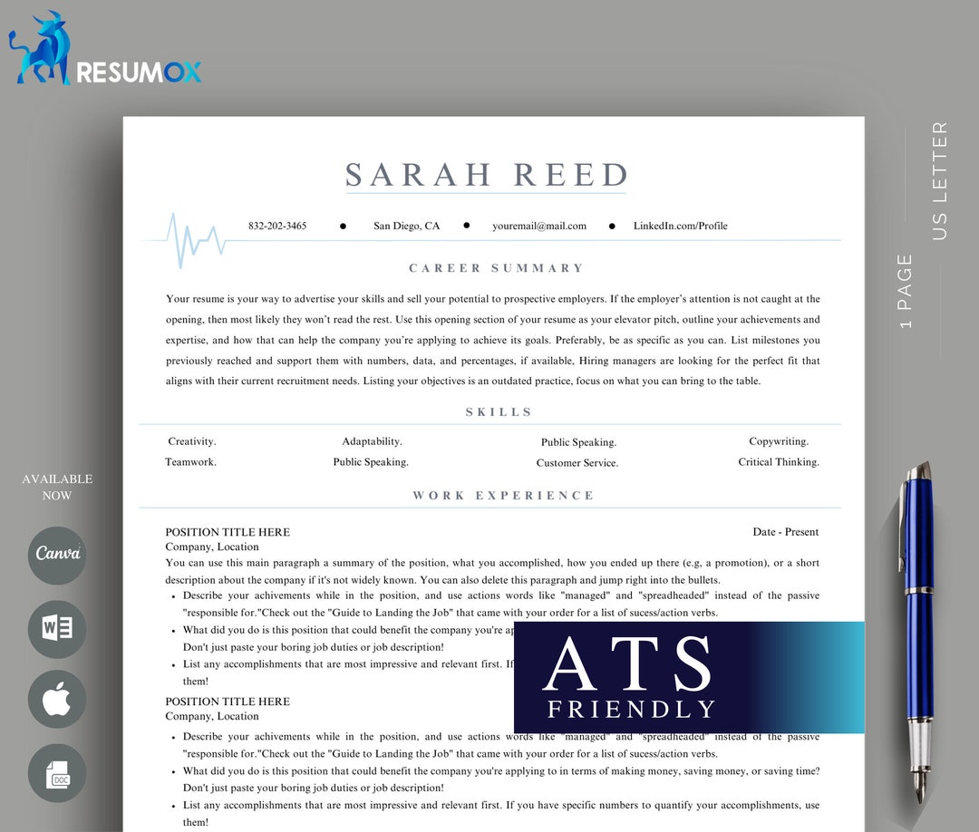 Executive Resume Template ATS Friendly Resume Word, Docs, Canva ...