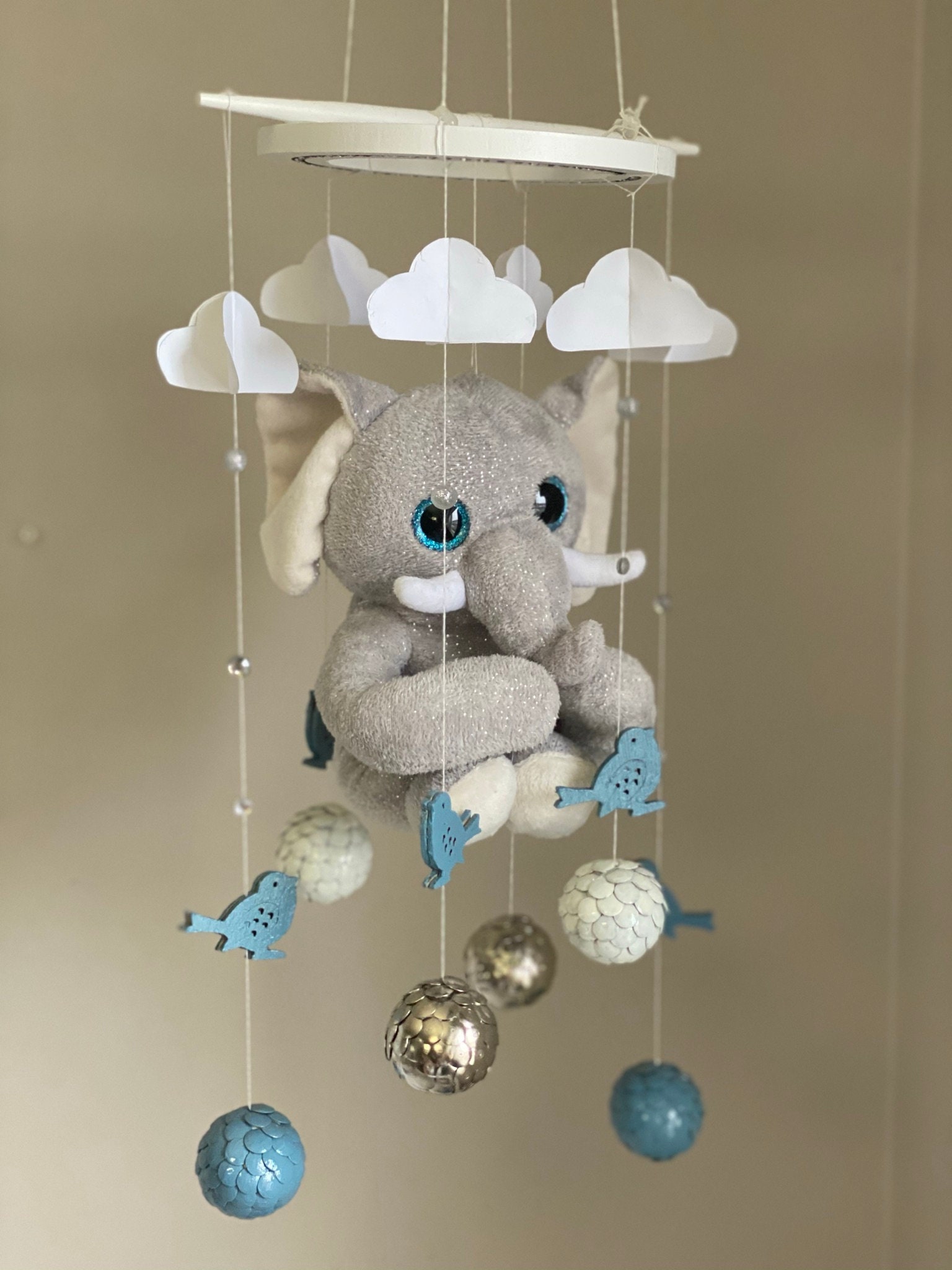 Dumbo Elephant Baby Mobile Clouds Rain Drops and Birds - Etsy