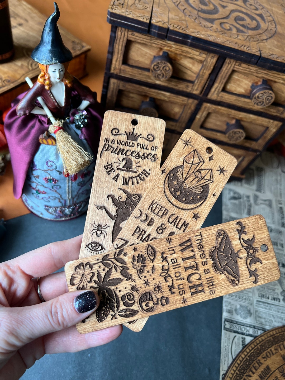 Laser Engraved Wooden Bookmarks , Set of Three Mystery Witch Bookmarks ...