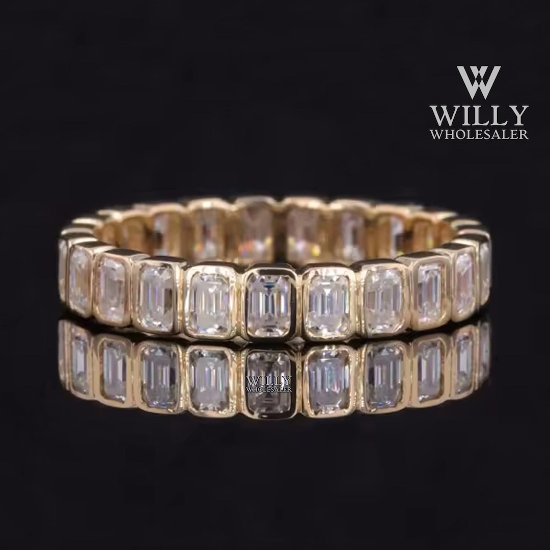 Stunning 3x2 MM Emerald Cut Moissanite Engagement Band, Bezel Set Full ...