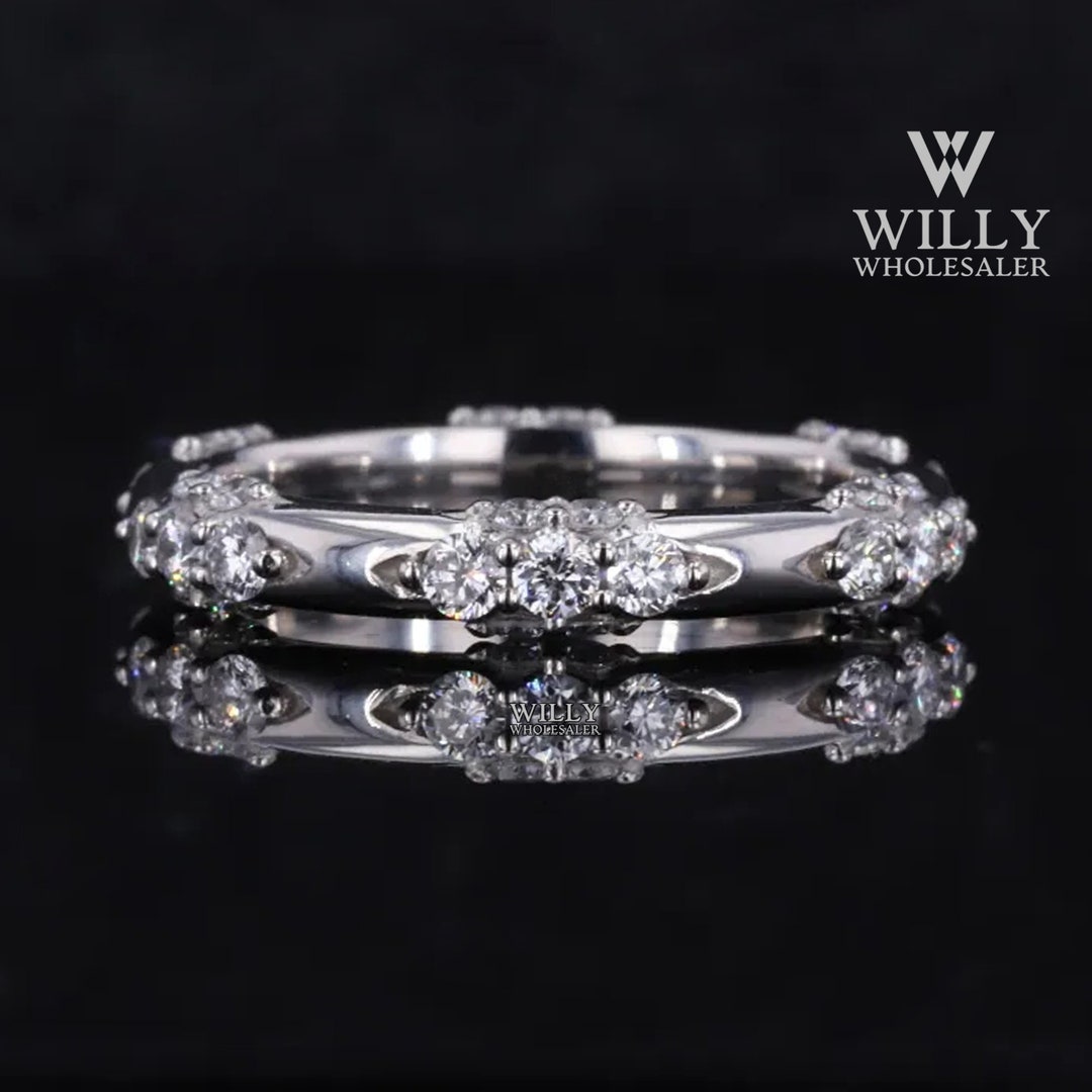 Art Deco Vintage Style Wedding Band, Dainty Round Cut Moissanite ...