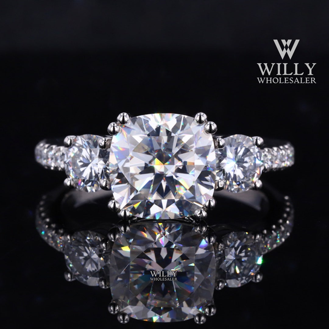 3 Stone Traditional Ring, Double Rounded Prong Engagement Ring, 2 / 3 ...