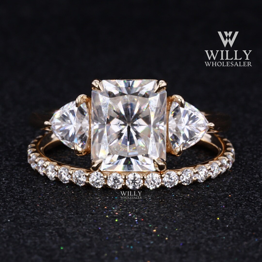 Bridal Set, Three Stone 4claw Prong Ring With 3/4 Eternity Matching ...