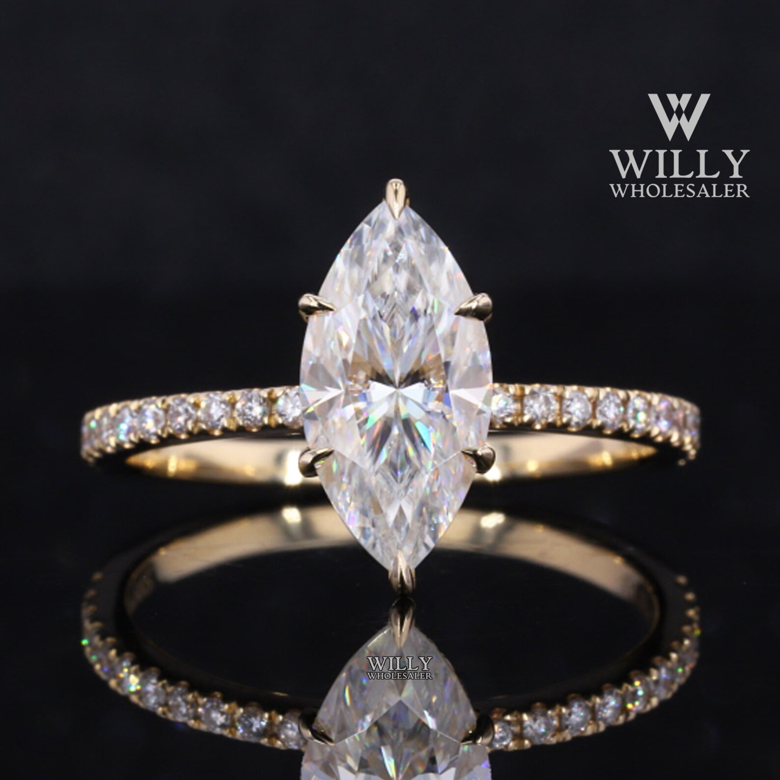 Basket Set Tapered Band Engagement Ring, 6 Claw Prong Hidden Halo ...