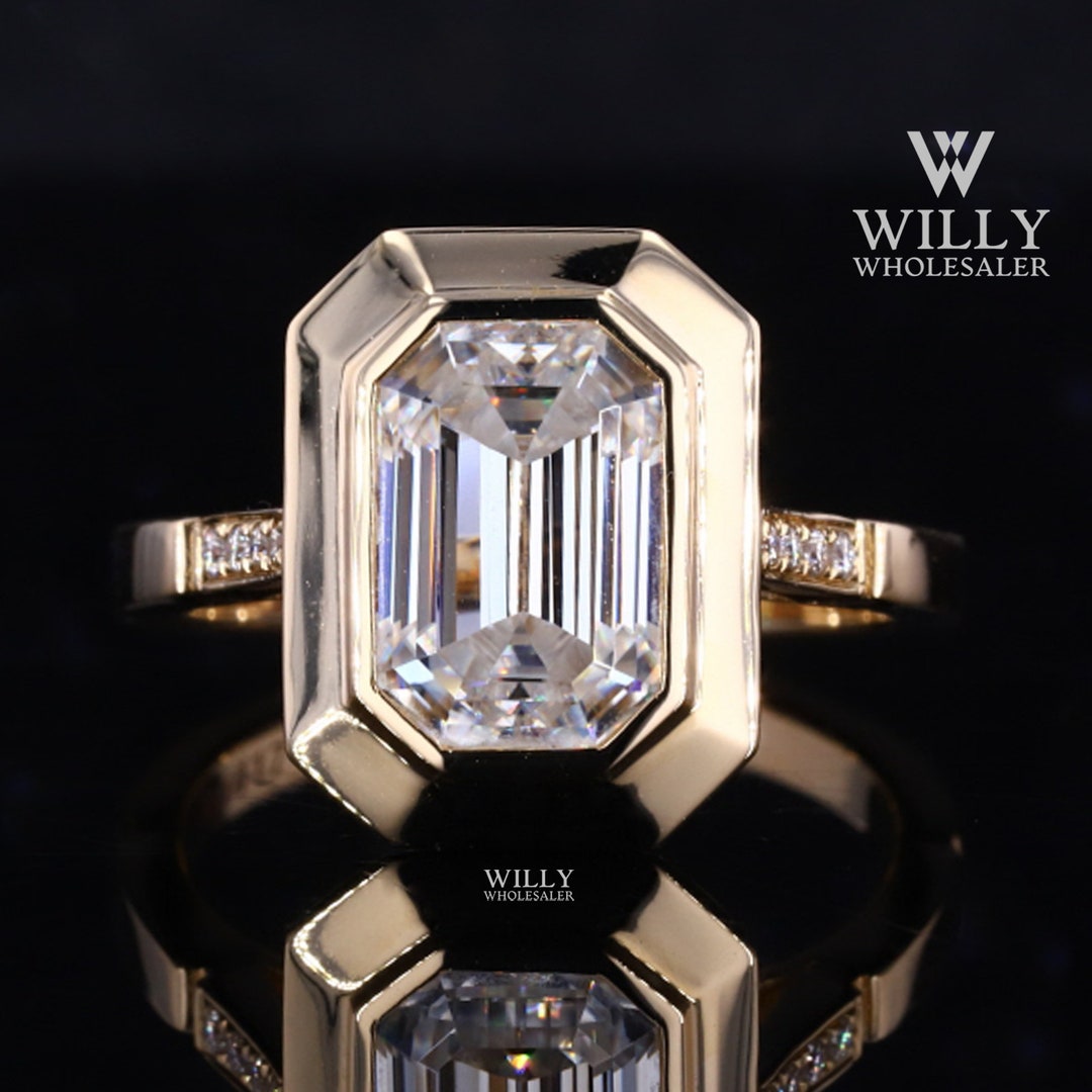 Art Deco Full Bezel Set Wedding Ring, Wonderful 2 / 3 / 5 Carat Emerald ...