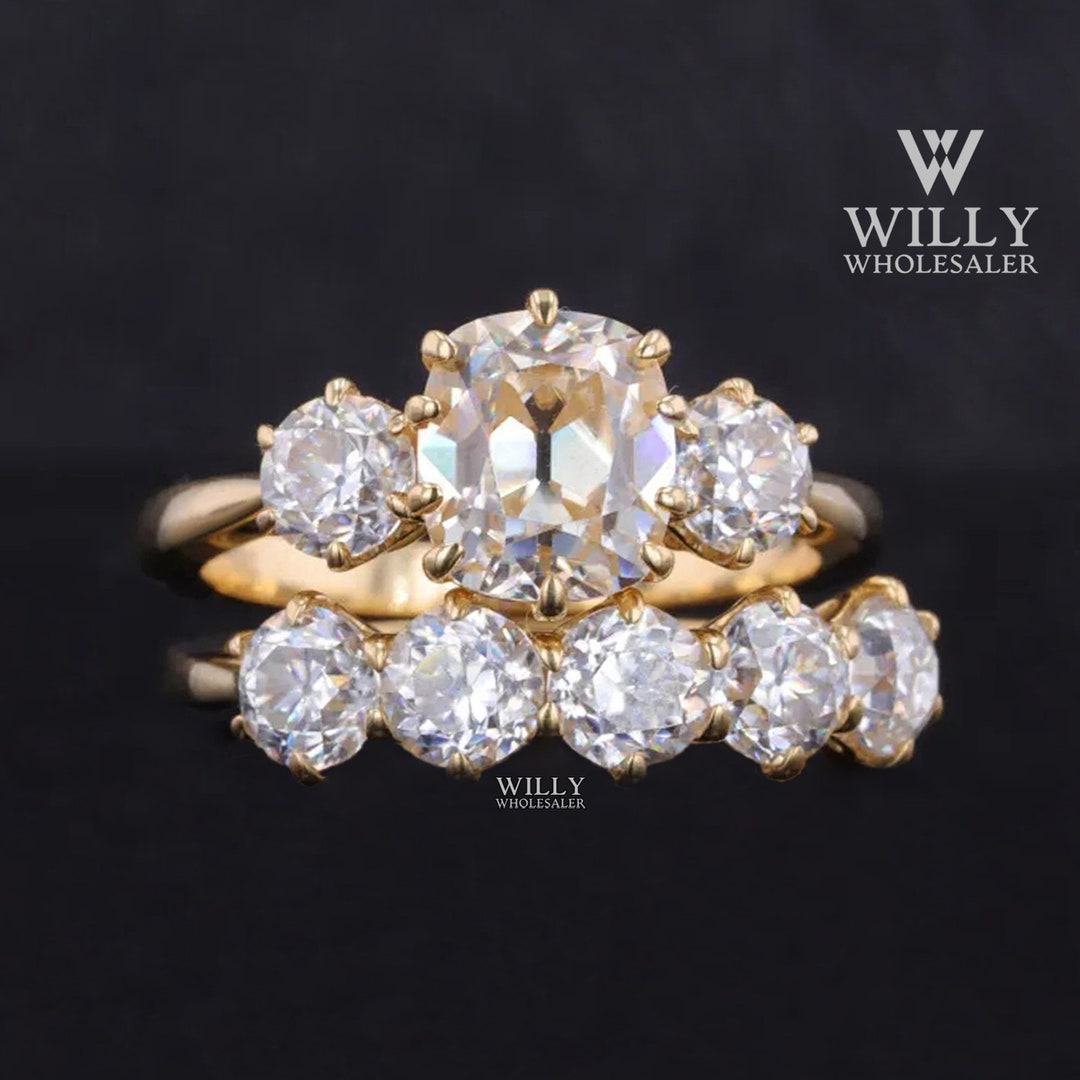 Ten Claw Prong 3 Stone Anniversary Ring With 5 Stone Wedding Matching ...