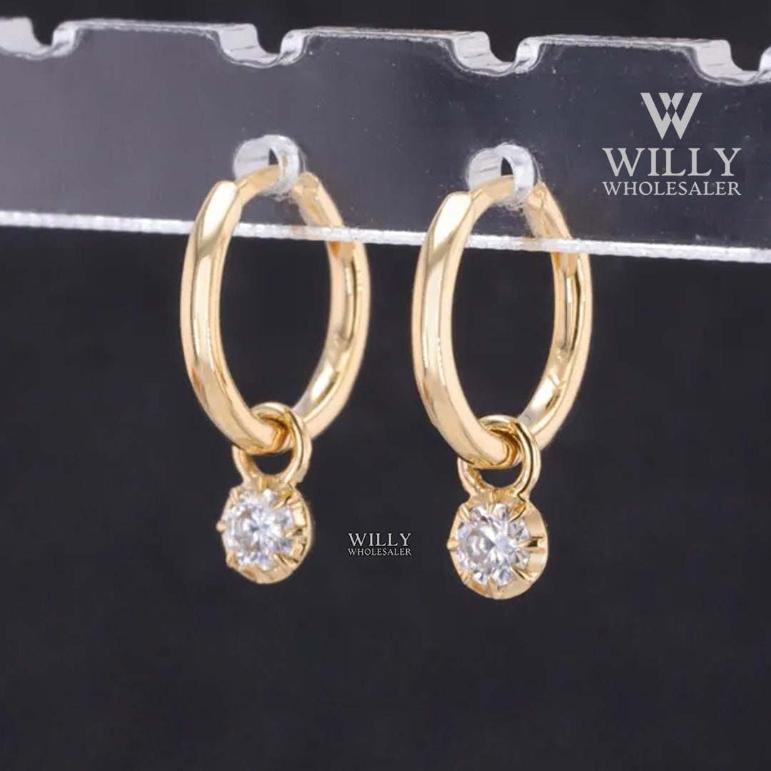 Latch Back Single Stone Drop Style Earrings, Round Cut Moissanite ...