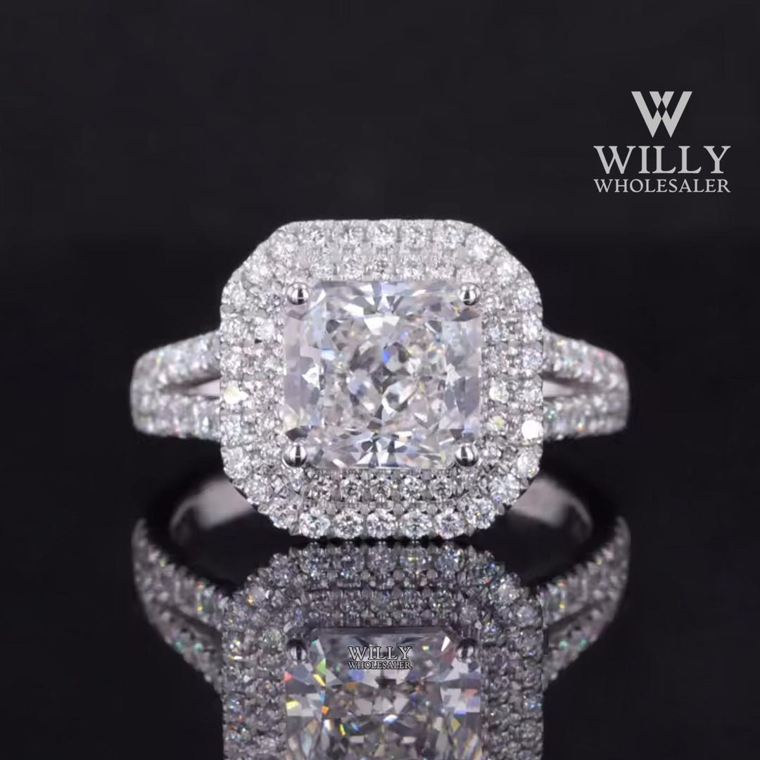 Double Halo Split Shank Wedding Ring, 1.15/1.50/2 Carat Square Radiant ...