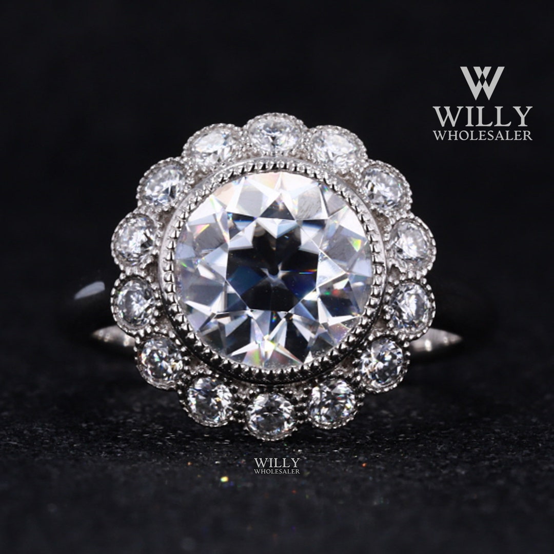 Milgrain Bezel Flower Halo Engagement Ring: Art Deco 1.20/2/2.70 Carat ...
