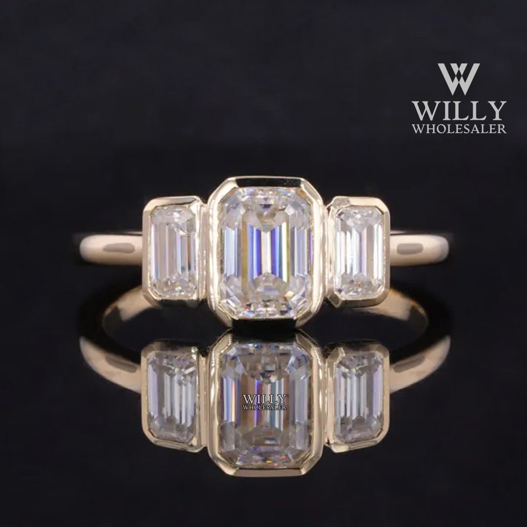 Full Bezel Set Trilogy Wedding Ring for Her, 3 Stone Designer ...