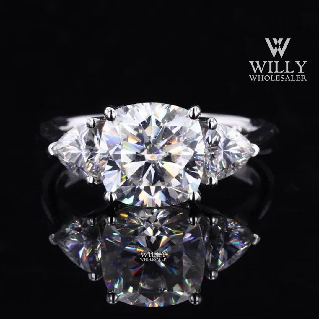 Three Stone Engagement Ring, Four Prong Pinched Shank Wedding Ring ...