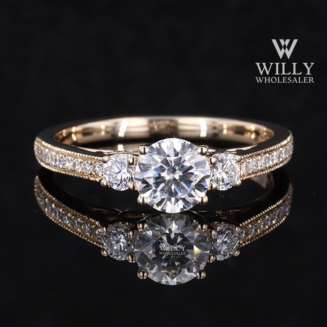 Art Deco Milgrain Set Designer Wedding Ring, 3 Stone Crossover ...