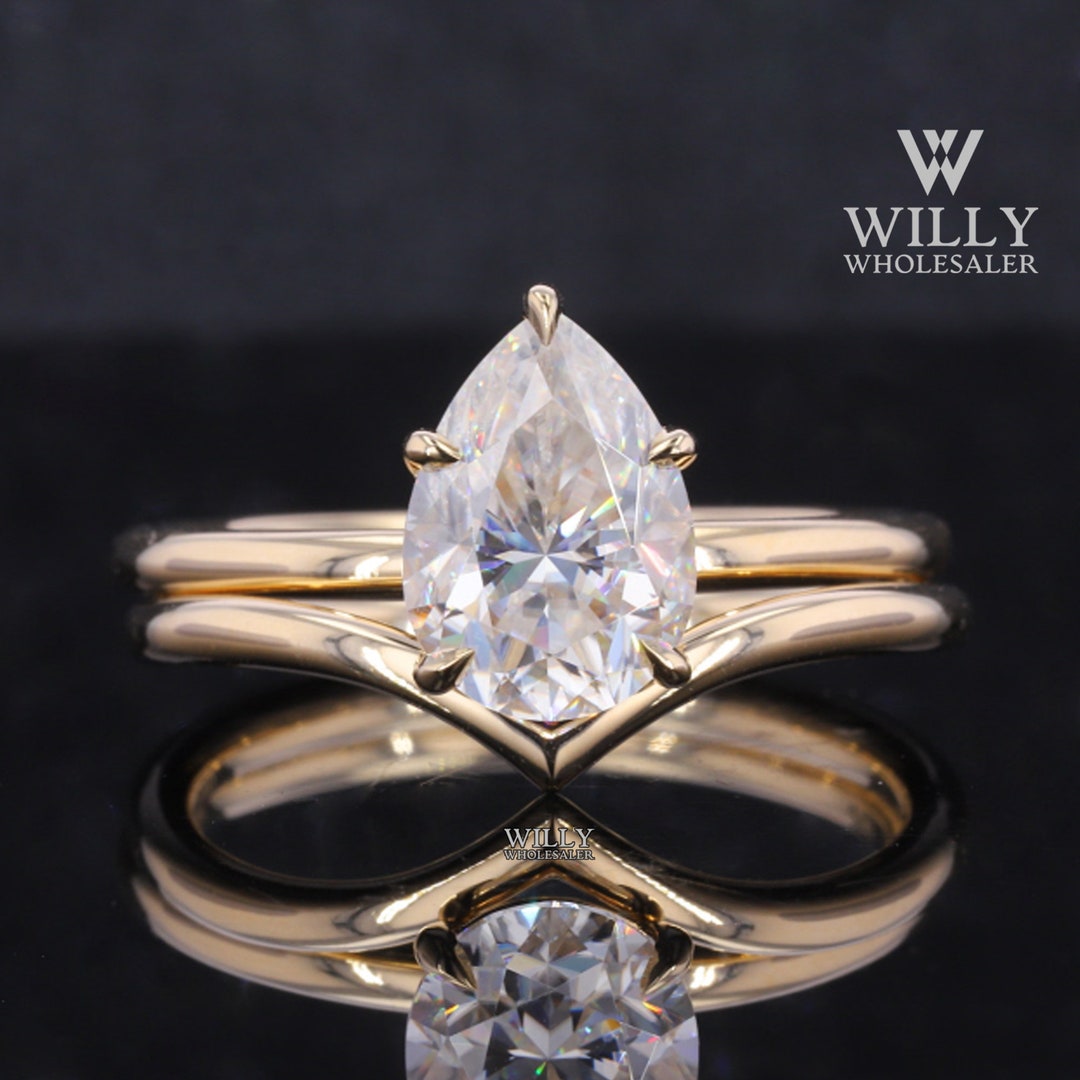 Bridal Set Ring, V Shaped Curved Plain Band With Solitaire 5 Claw Prong ...