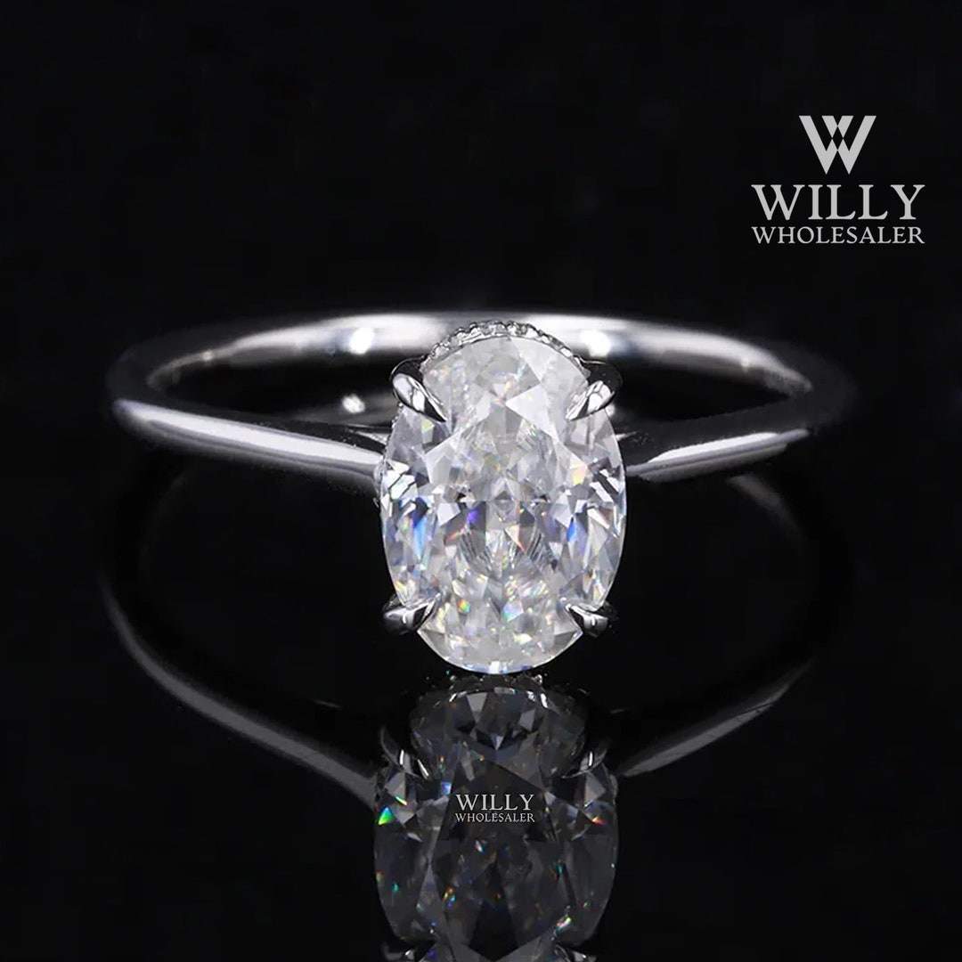 Solitaire Hidden Halo Cathedral Set Wedding Ring, 4 Claw Prong Designer ...