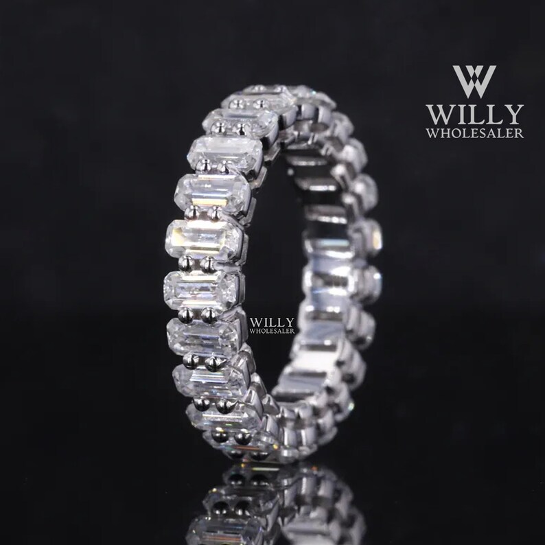 Unique Emerald Cut Moissanite Engagement Band, Designer Full Eternity ...