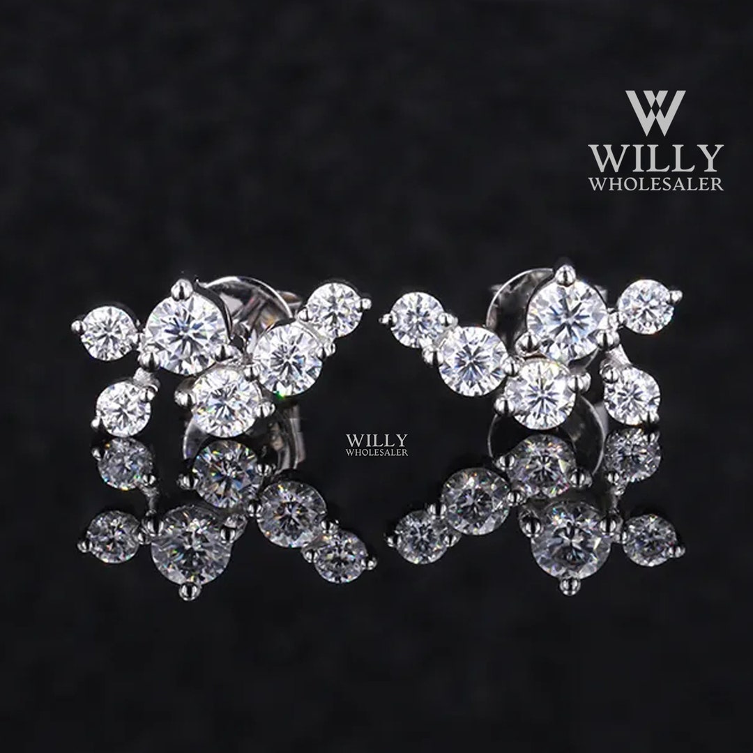 Cluster Set Unique Earrings, Sparky Round Brilliant Cut Moissanite Stud ...