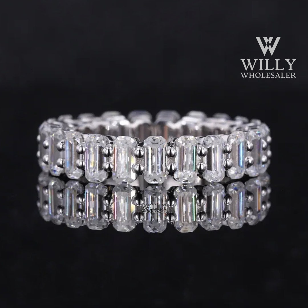 Unique Emerald Cut Moissanite Engagement Band, Designer Full Eternity ...