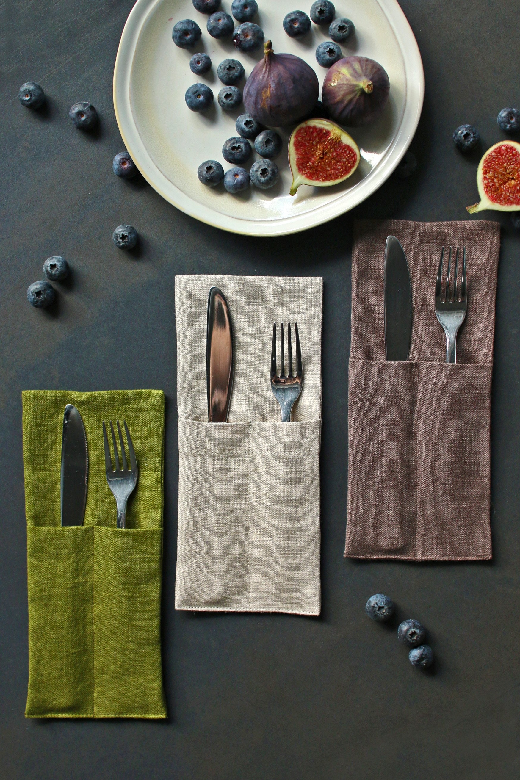 Linen Cutlery Silverware Holder Pouch. for 2 & 3 Cutlery Natural ...
