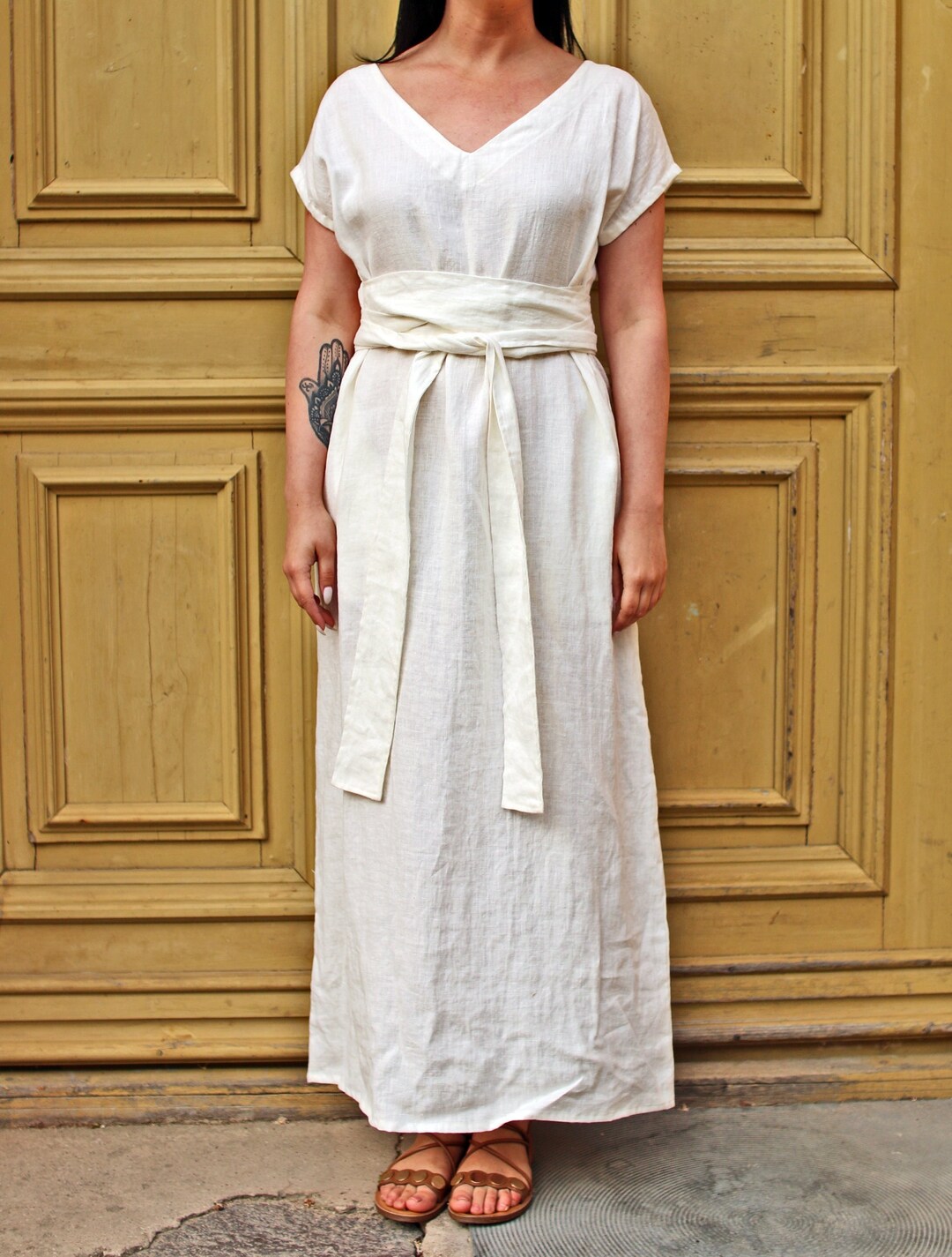 Linen Maxi Dress, V Neck Dress, Goddess Dress, Maternity Dress, Roman ...