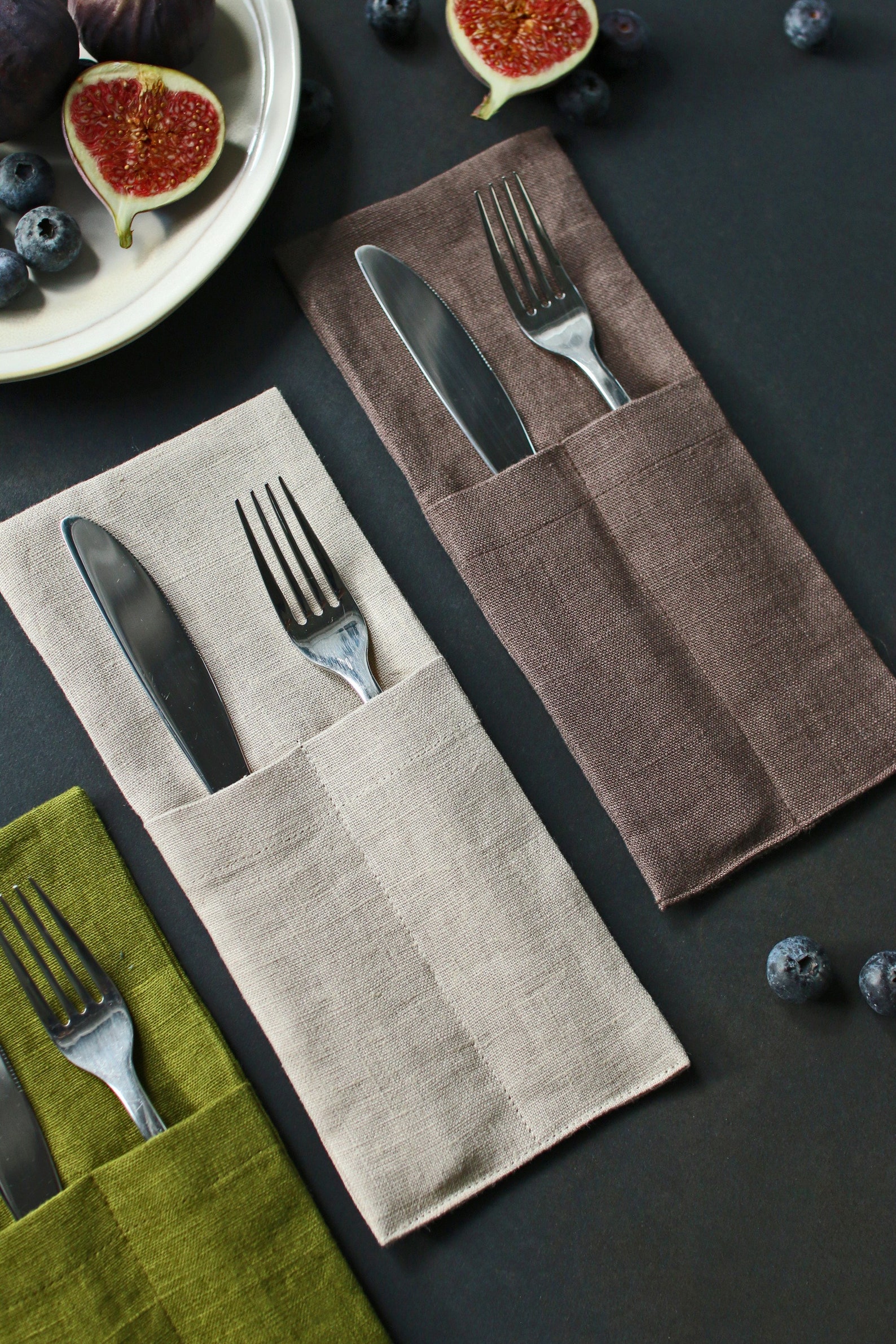 Linen Cutlery Silverware Holder Pouch. for 2 & 3 Cutlery Natural ...