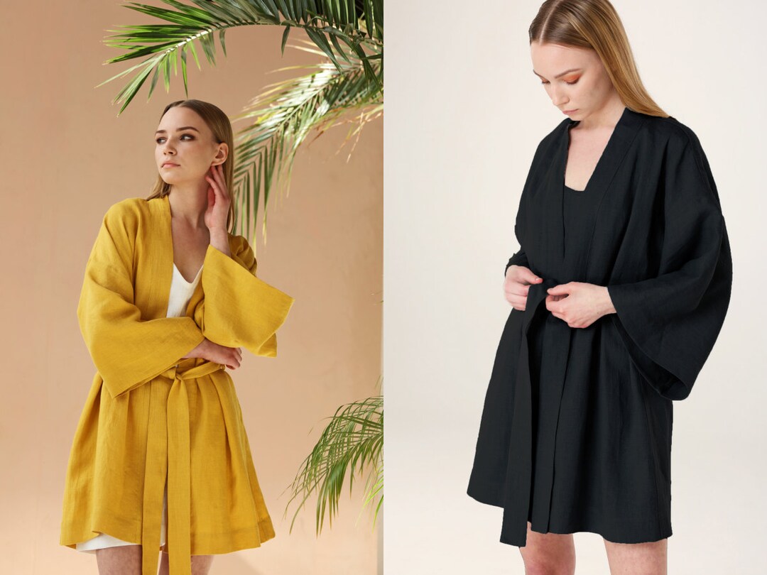 Linen Kimono Robe, Wide Sleeves Robe, Short Robe, Bath Robe, Summer ...