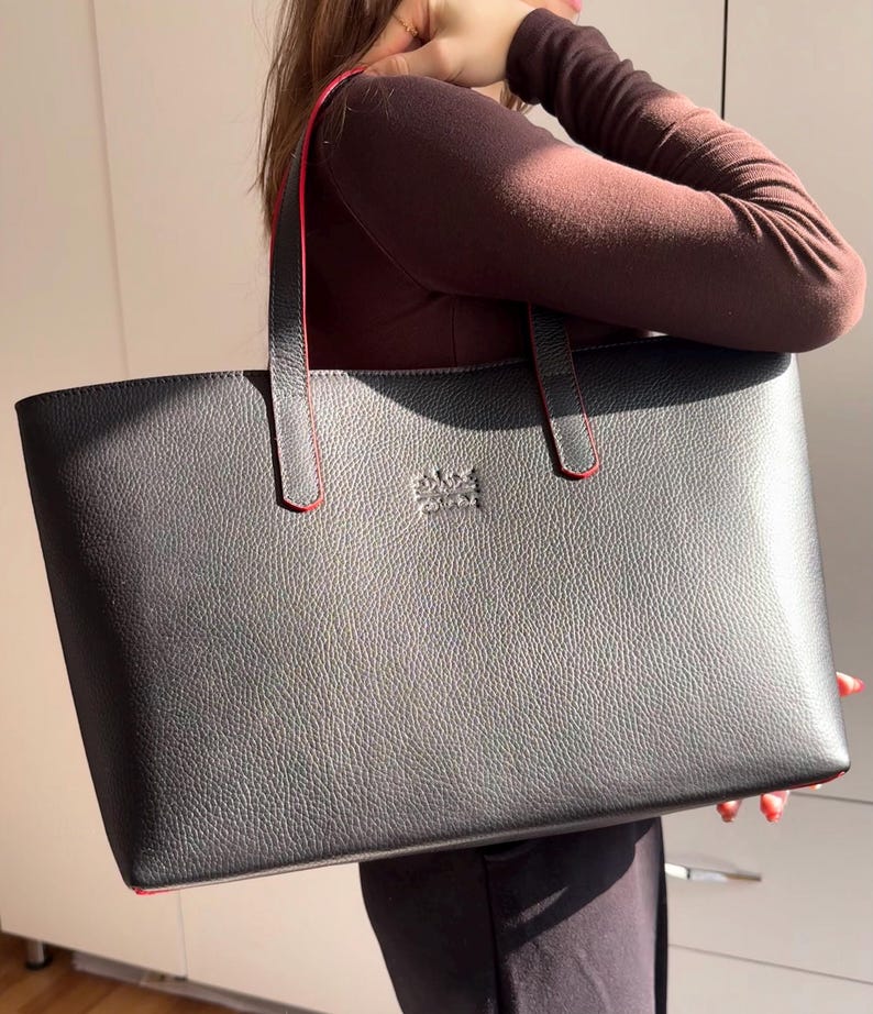 Handmade Black Leather Tote Bag: Red Suede Lining, Detachable Pouch - Etsy