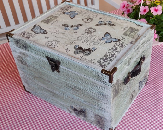 Decoupage Scandinavian Large Wooden Box With Hinged Lid and Leather ...