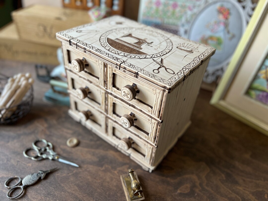 Unfinished Wooden Floss Bobbins Organizer, Sewing Thread Chest of ...