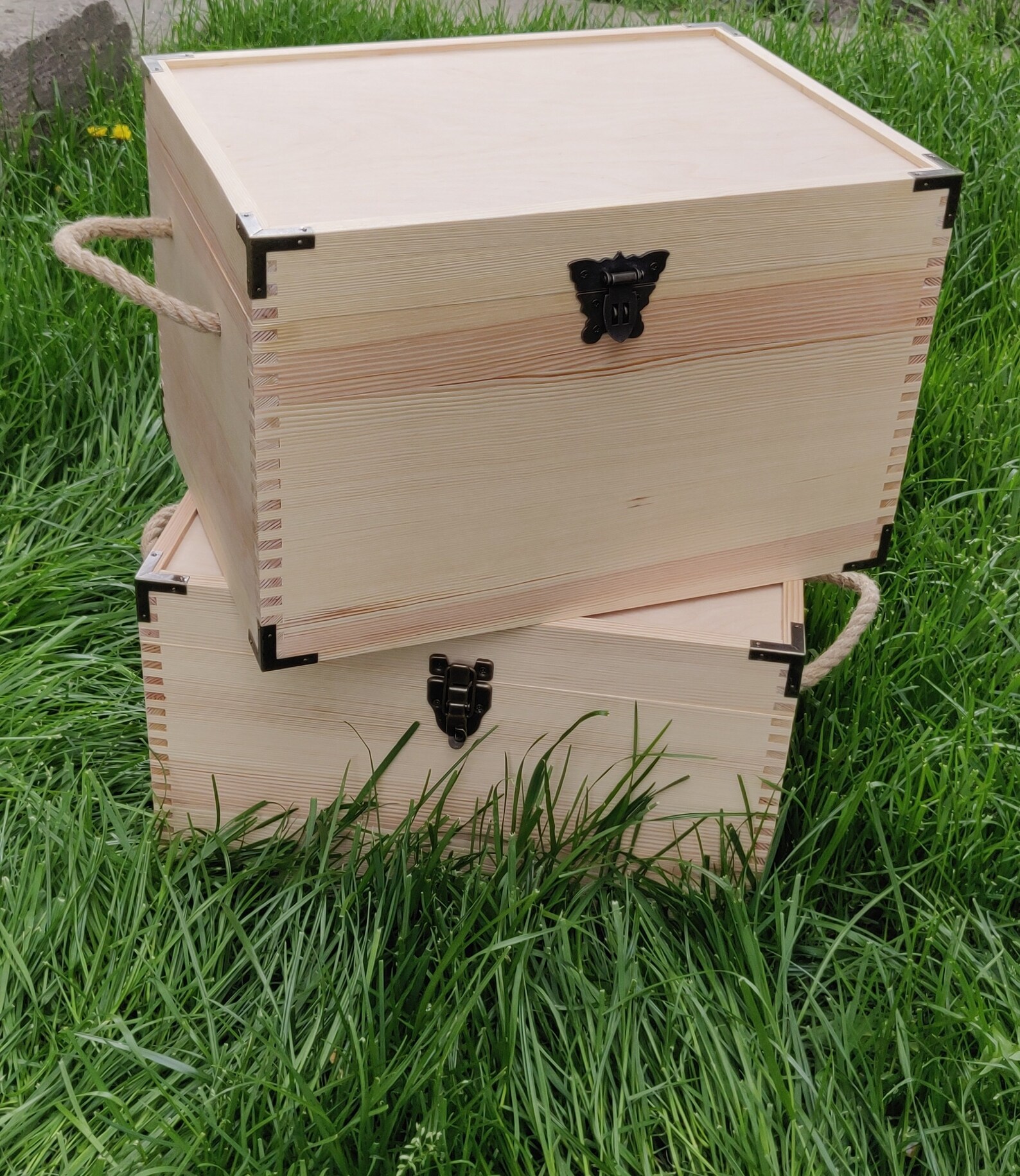 Unfinished large wooden box with hinged lid and jute handles | Etsy