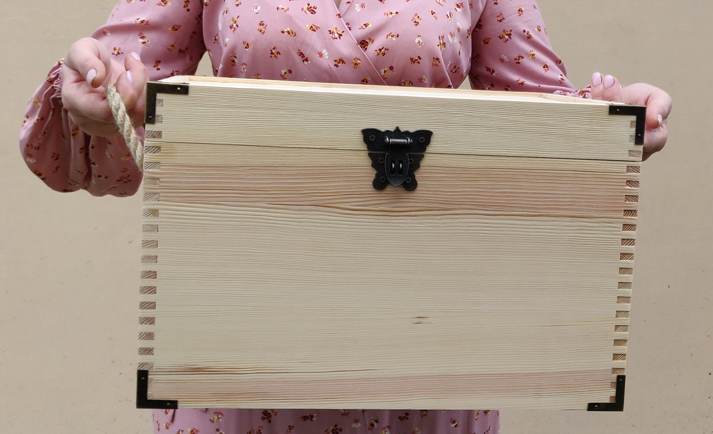 Unfinished large wooden box with hinged lid and jute handles | Etsy